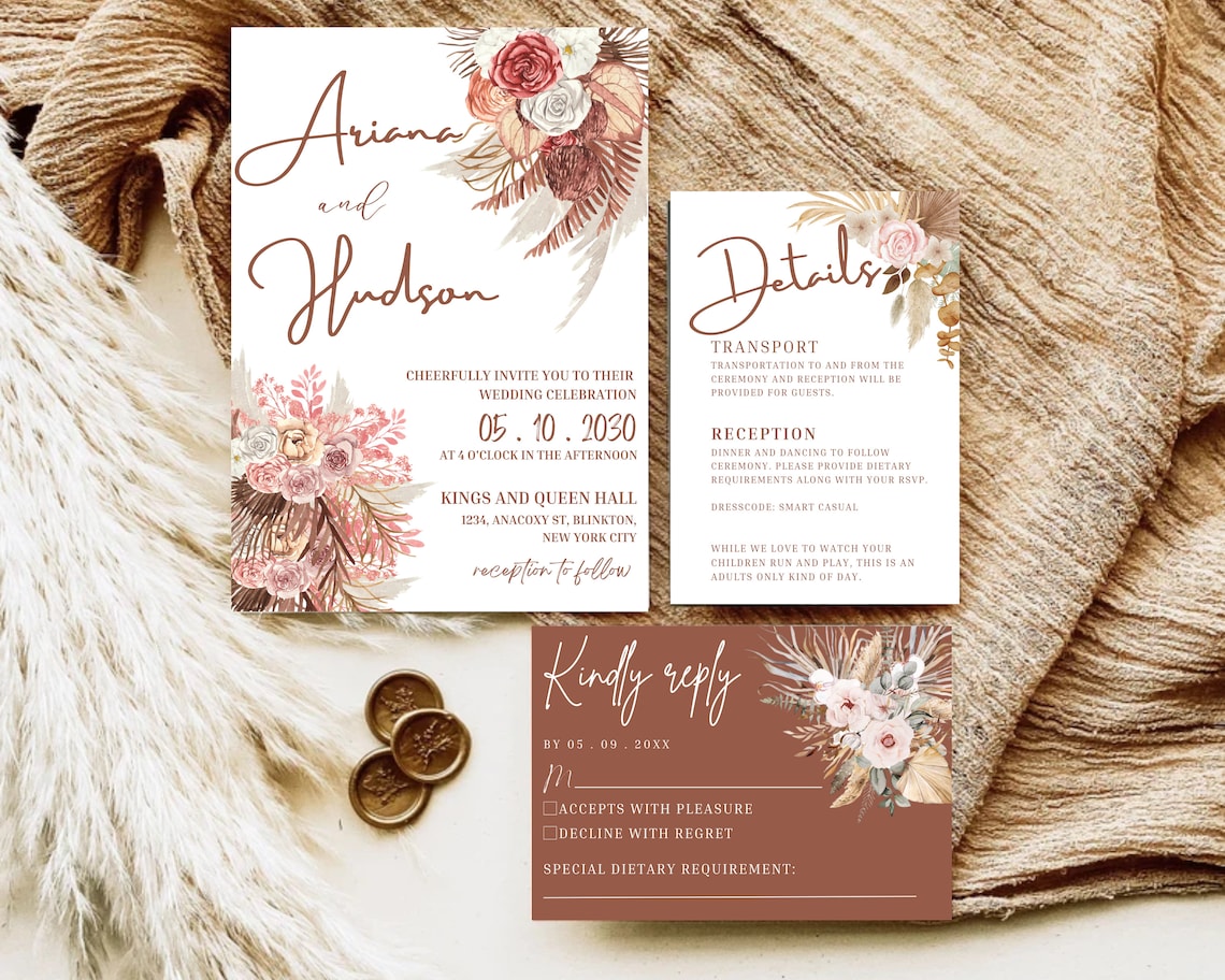 Boho Rustic Wedding Invitation Template Set, Boho Wedding Invitation ...