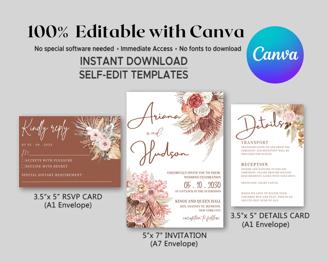 Boho Rustic Wedding Invitation Template Set, Boho Wedding Invitation ...