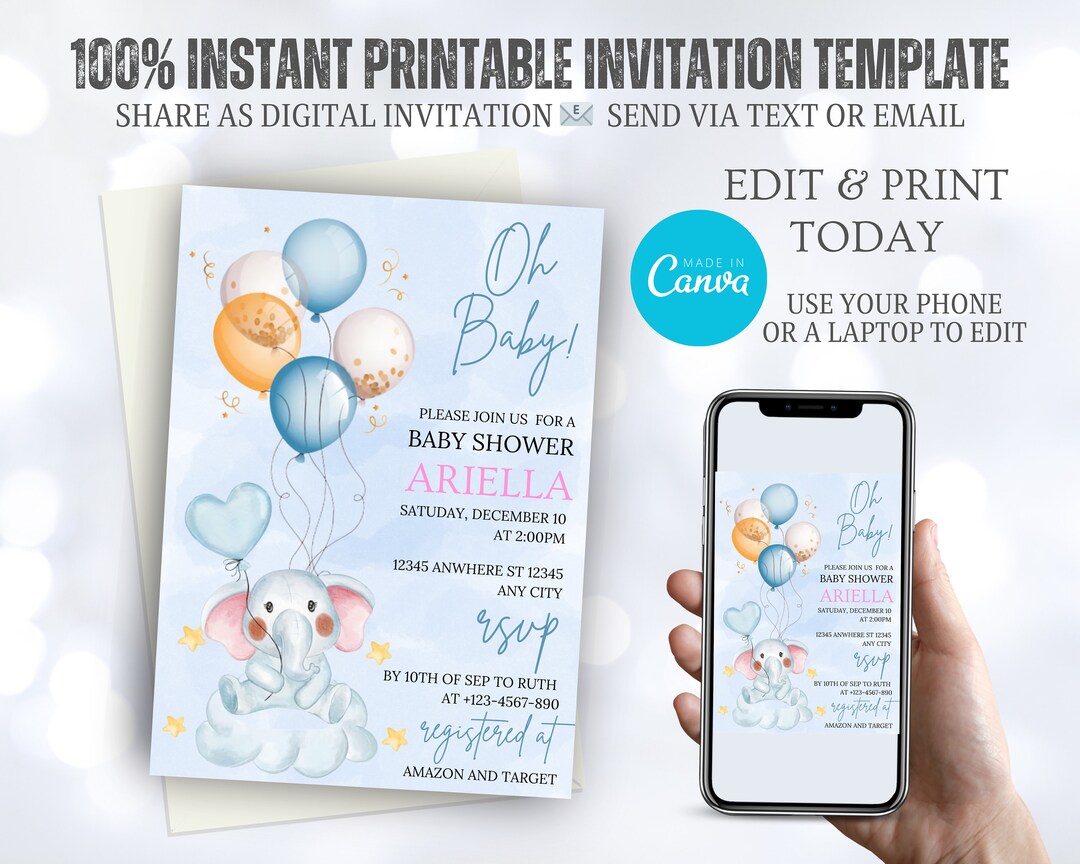 Editable Elephant Baby Shower Invitation, Blue Balloon Baby Shower ...