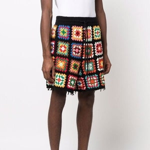 Granny Squares Multicolor Knit Men's Short, Holey Knitted Beach Shorts ...