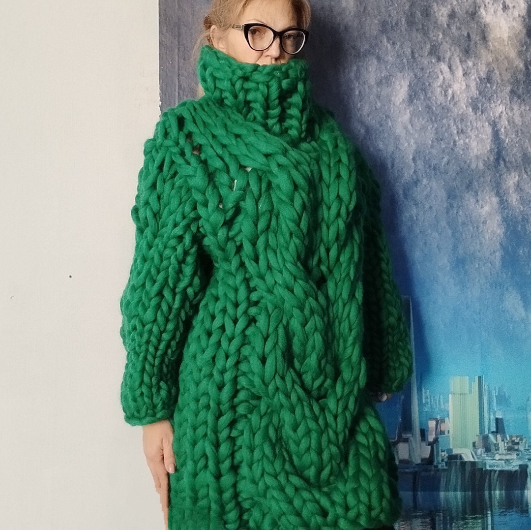 Knit Loopy Merino Wool Long Sweater, Chunky Knit Thick Pullover ...