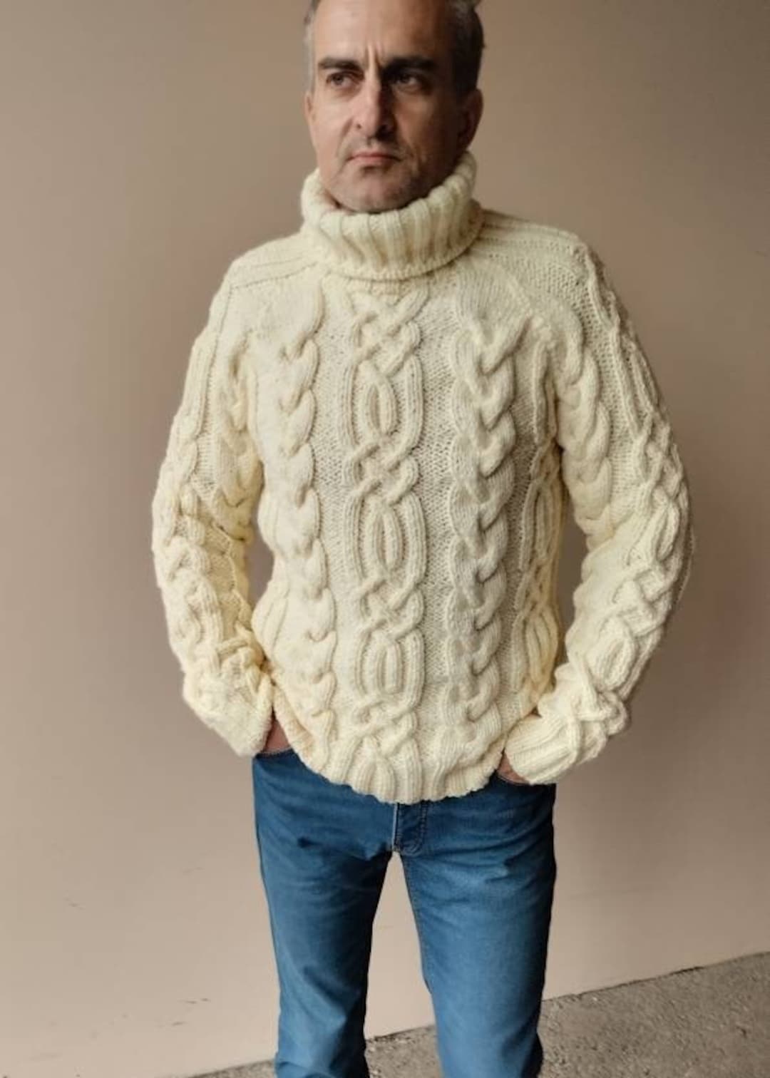 Hand Knit Pullover for Men, Cable Knit Alpaca Wool Thick Men Sweater ...