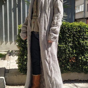 100% Pure Wool, Floor Length Sweater Cardigan, Shawl Collar Cable Knit ...