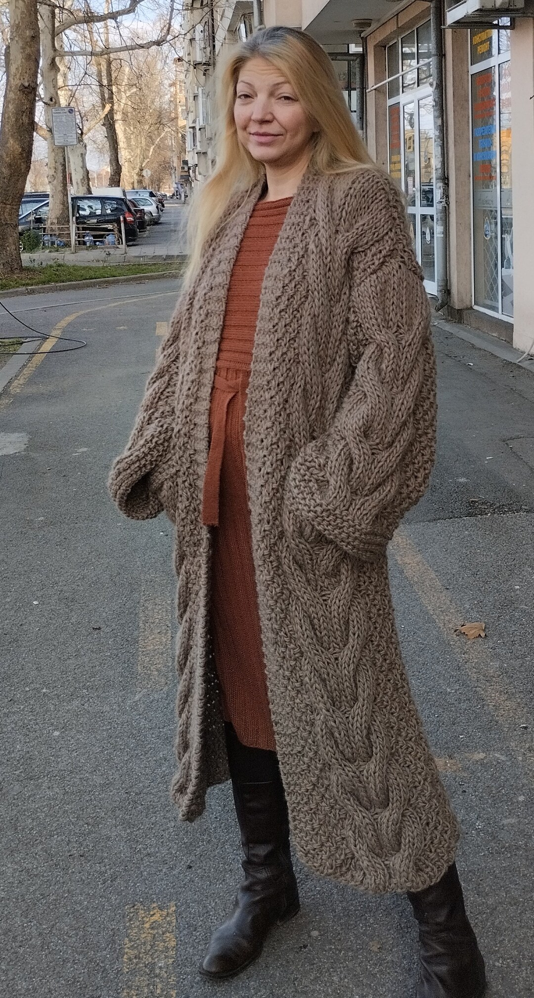 Floor Lengths Sweater Cardigan, Wool Cable Knit Cardigan, Oversize ...