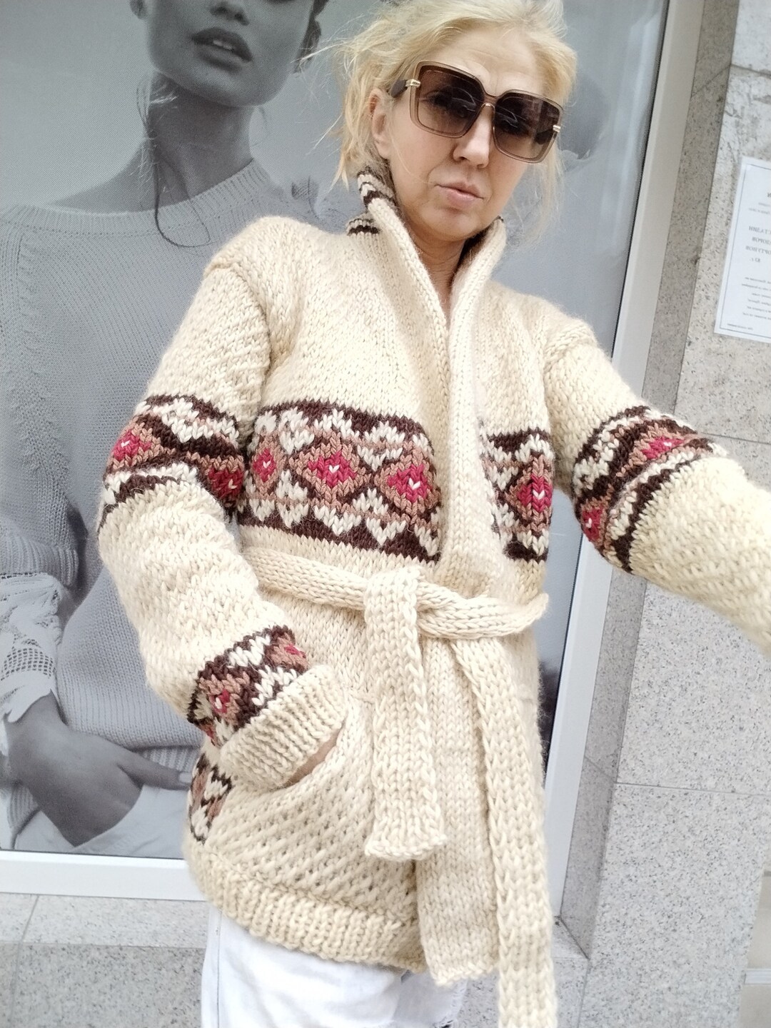 100% Merino Wool Cardigan Coat, Thick Sweater Jaquard Cardigan, Shawl ...