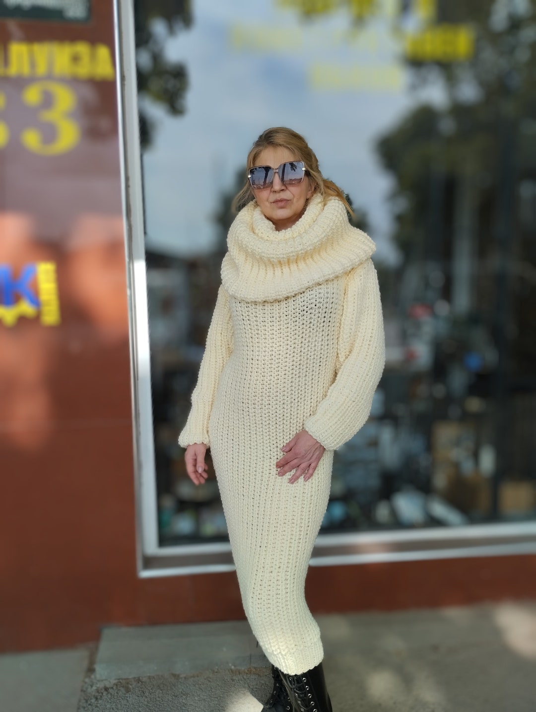 Chunky Wool Knit Sweater Dress, Giant Huge Turtleneck Thick Long ...