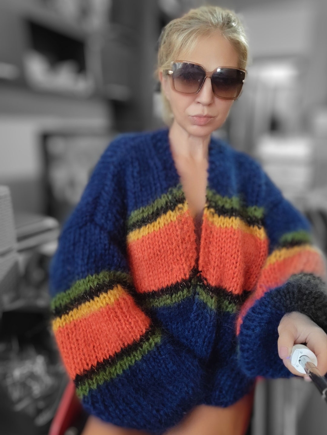 Mohair Bomber Cardigan, Striped Color Block Loose Jacket, Hand Chunky ...