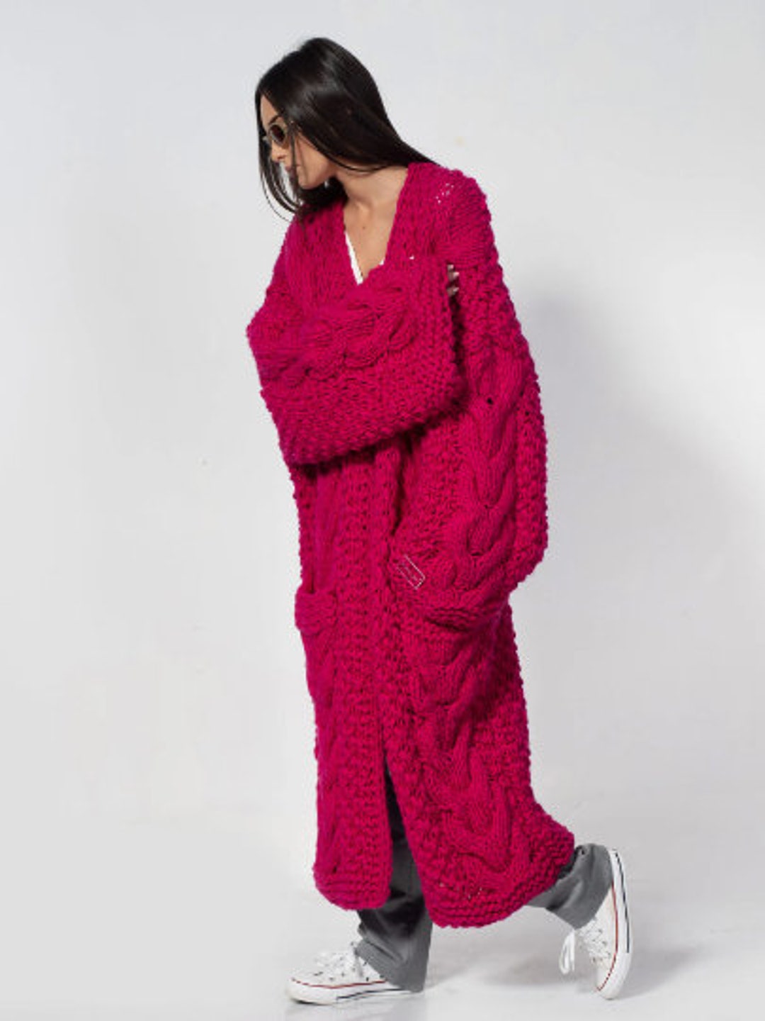 Floor Lengths Sweater Cardigan, Wool Cable Knit Cardigan, Oversize ...