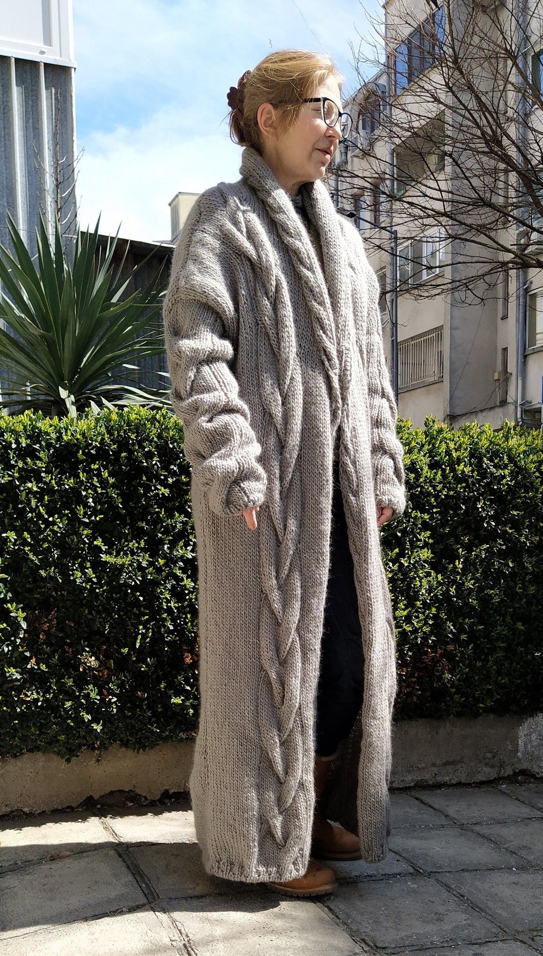 100% Pure Wool, Floor Length Sweater Cardigan, Shawl Collar Cable Knit ...