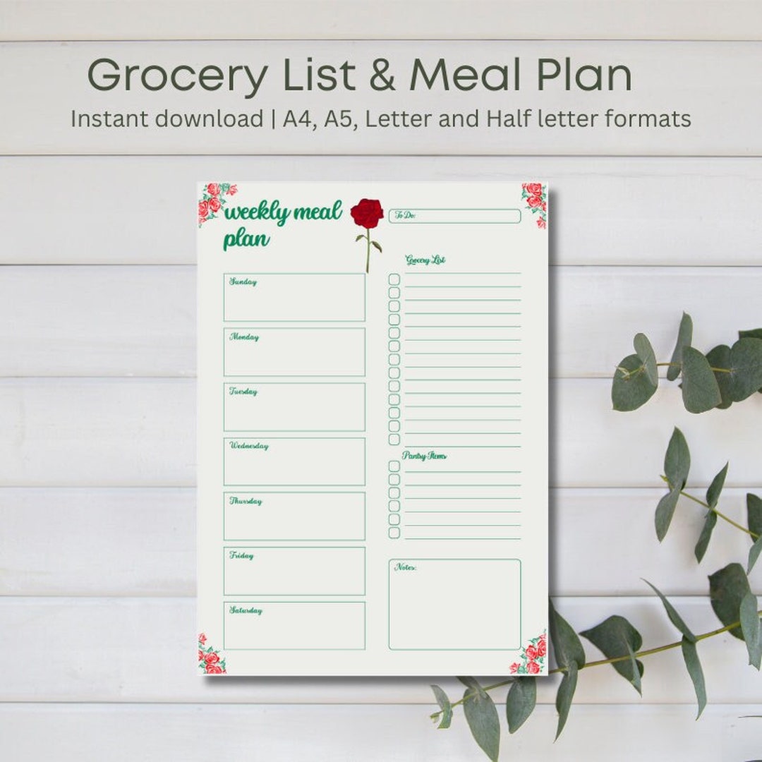 Meal Planner Printable With Grocery List, Digital Meal Planner, Grocery ...