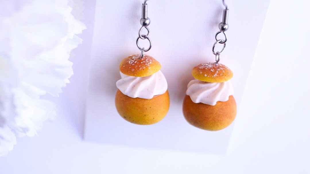 Semla Earrings, Swedish Fika, Handmade Cream Buns in Polymer Clay ...