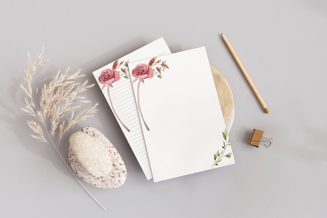 Floral Printable Letter Paper, Red Rose, Line Sheet, Floral Printable ...