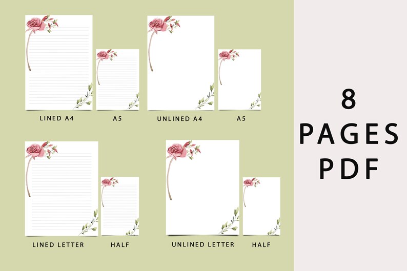 Floral Printable Letter Paper, Red Rose, Line Sheet, Floral Printable ...