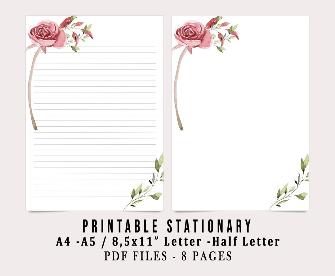 Floral Printable Letter Paper, Red Rose, Line Sheet, Floral Printable ...