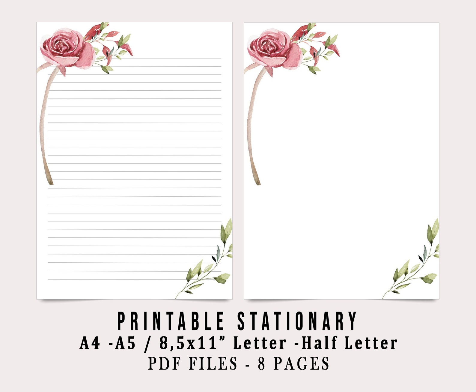 Floral Printable Letter Paper, Red Rose, Line Sheet, Floral Printable ...