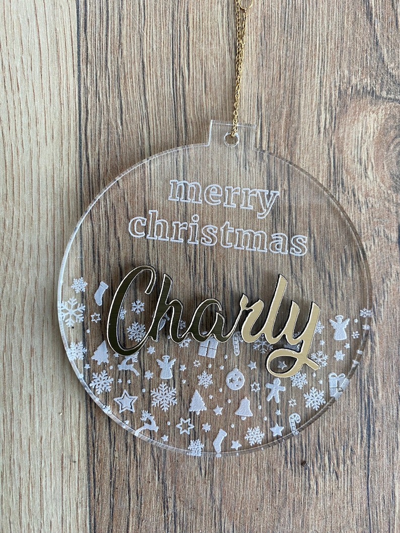 Boule plexi gravée Mon premier Noël prénom or ou argent, décoration sapin transparent ...