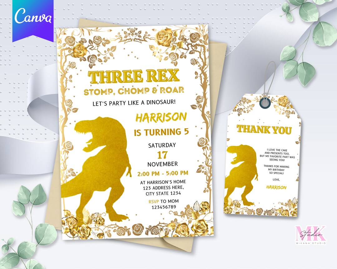 Gold Three Rex Invitation,three Rex Birthday Party, Gold Dinosaur Party ...