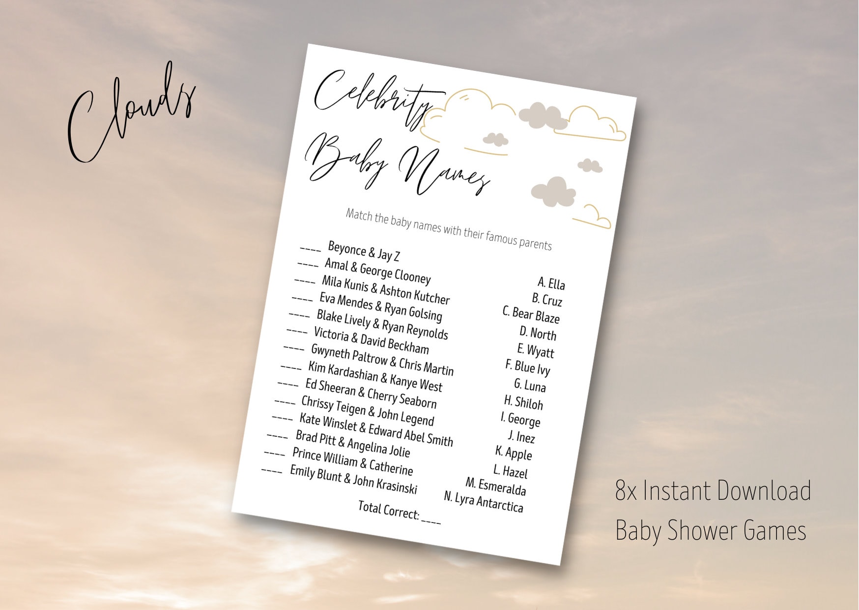 Neutral Clouds Baby Shower Games, Baby Shower Game Bundle, Minimalist ...