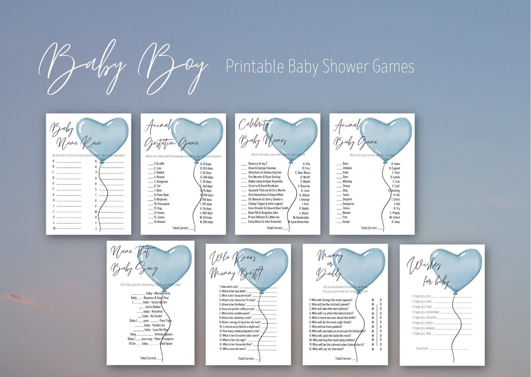 Blue Heart Balloon Baby Shower Games, Baby Shower Game Bundle ...
