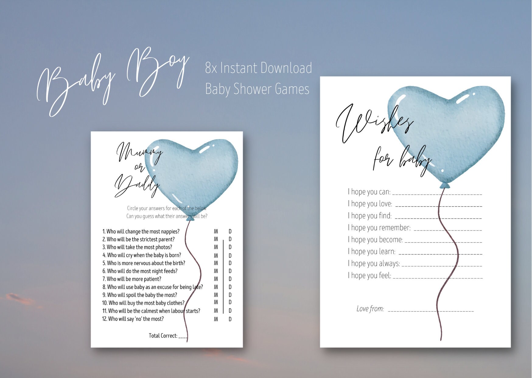 Blue Heart Balloon Baby Shower Games, Baby Shower Game Bundle ...