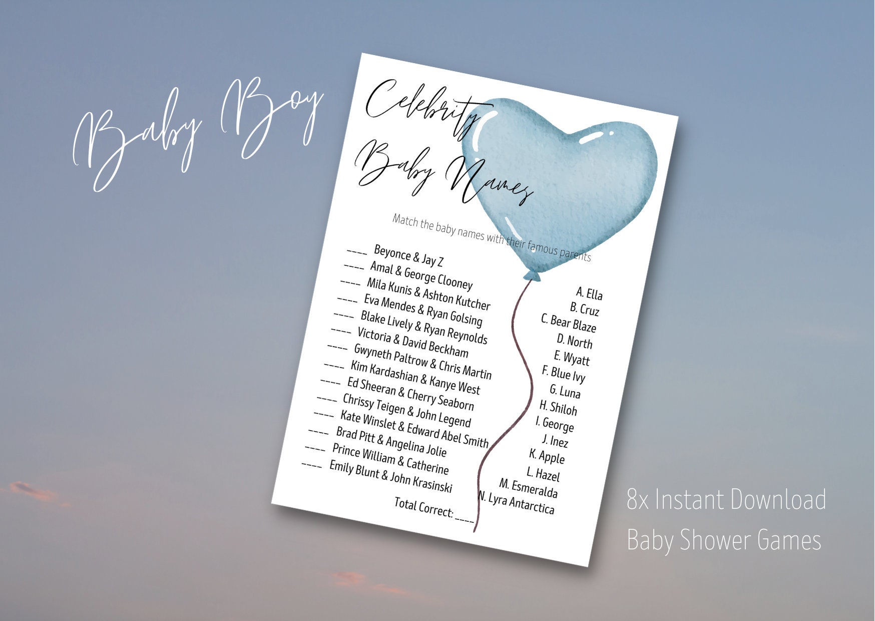 Blue Heart Balloon Baby Shower Games, Baby Shower Game Bundle ...