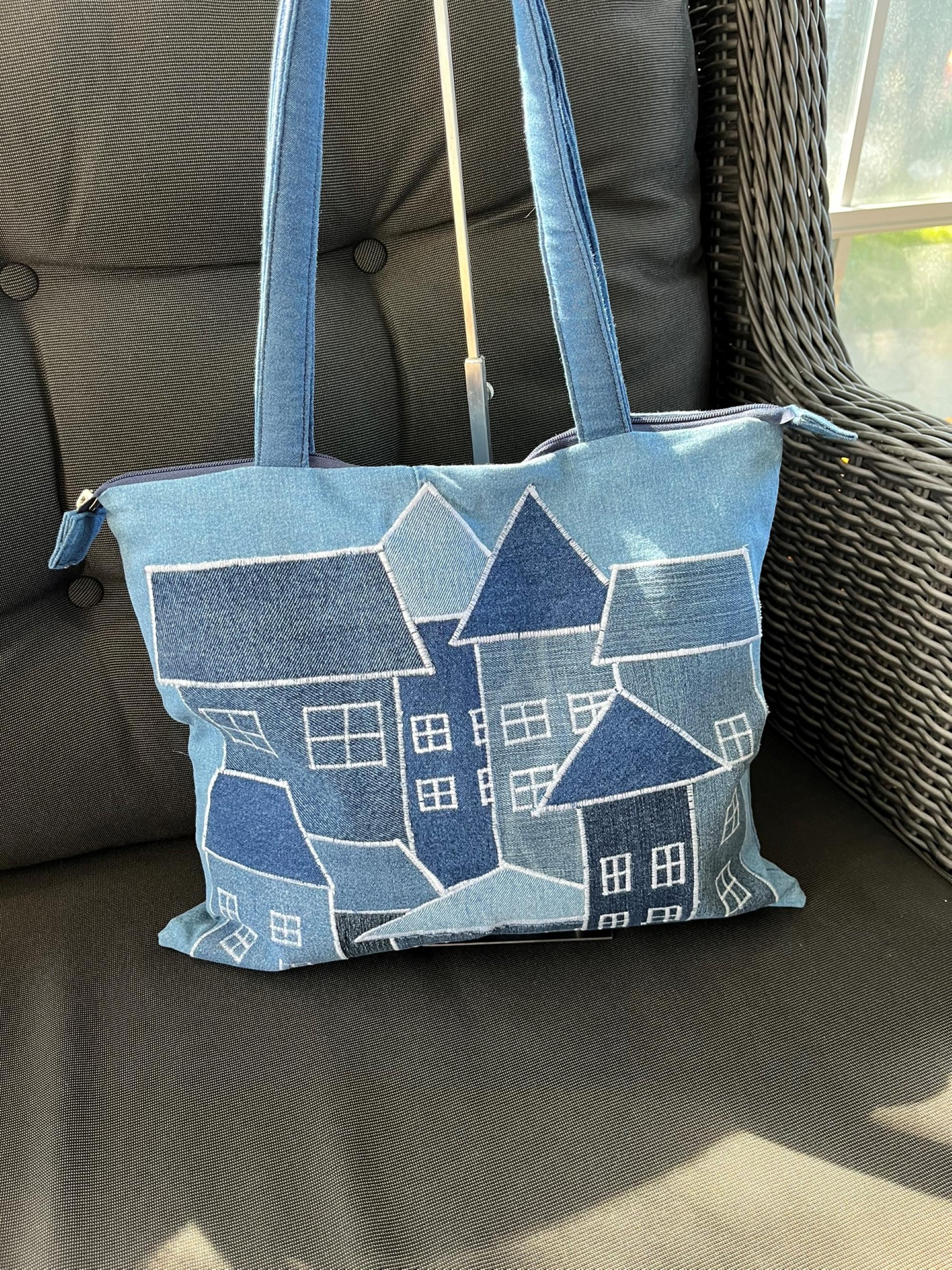 Denim Tote Bag With House Design. - Etsy