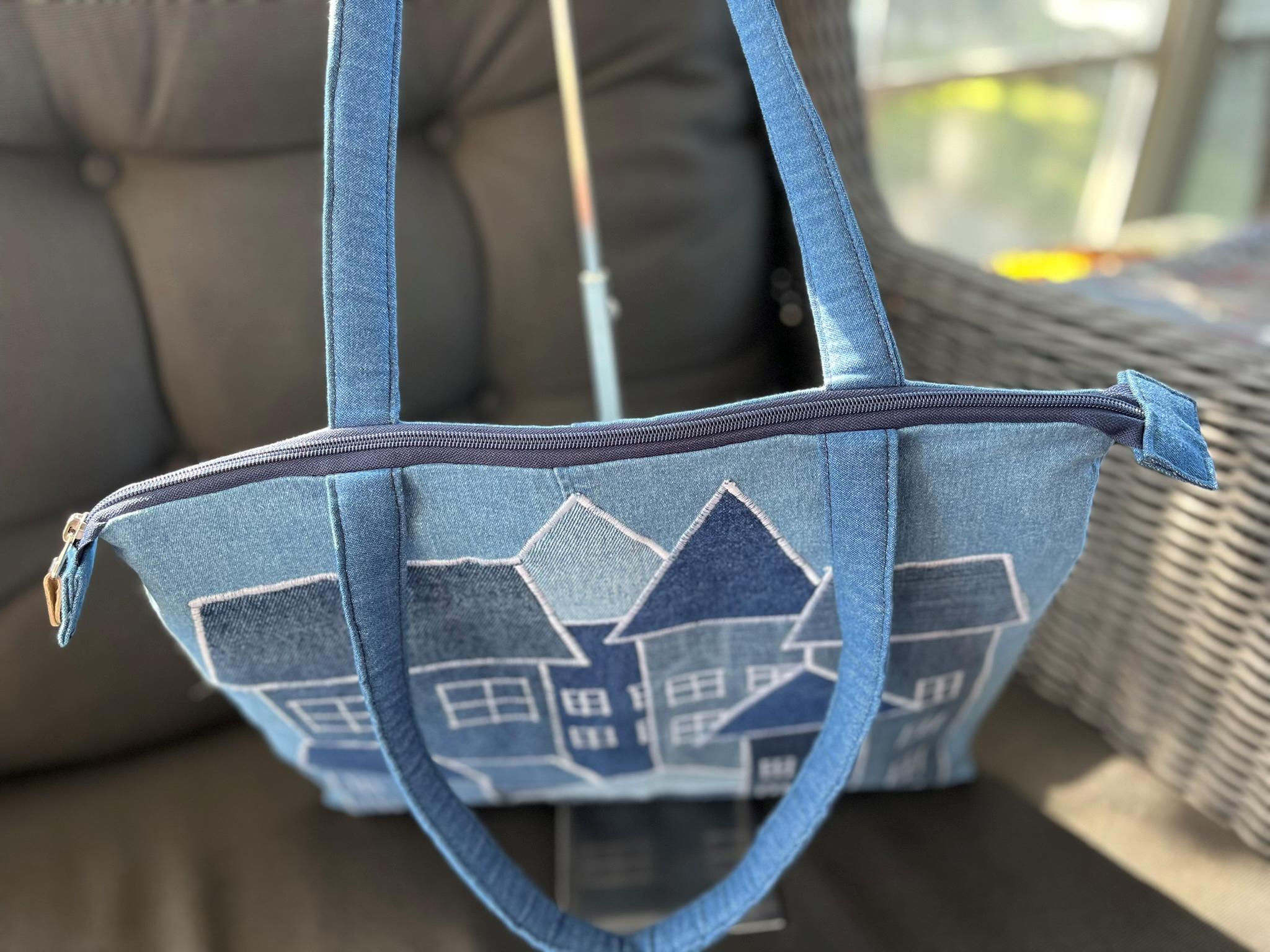 Denim Tote Bag With House Design. - Etsy