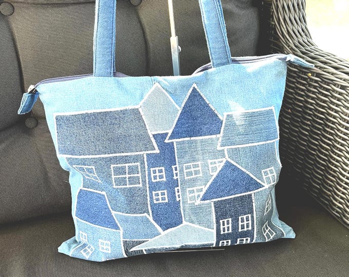 Denim Tote Bag With House Design. - Etsy