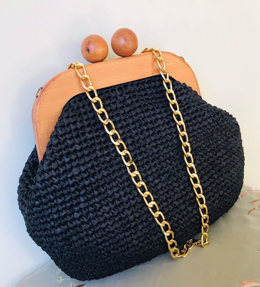 Black Raffia Bag, Raffia Clutch, Knitted Bag Clutch, Crochet Shoulder ...