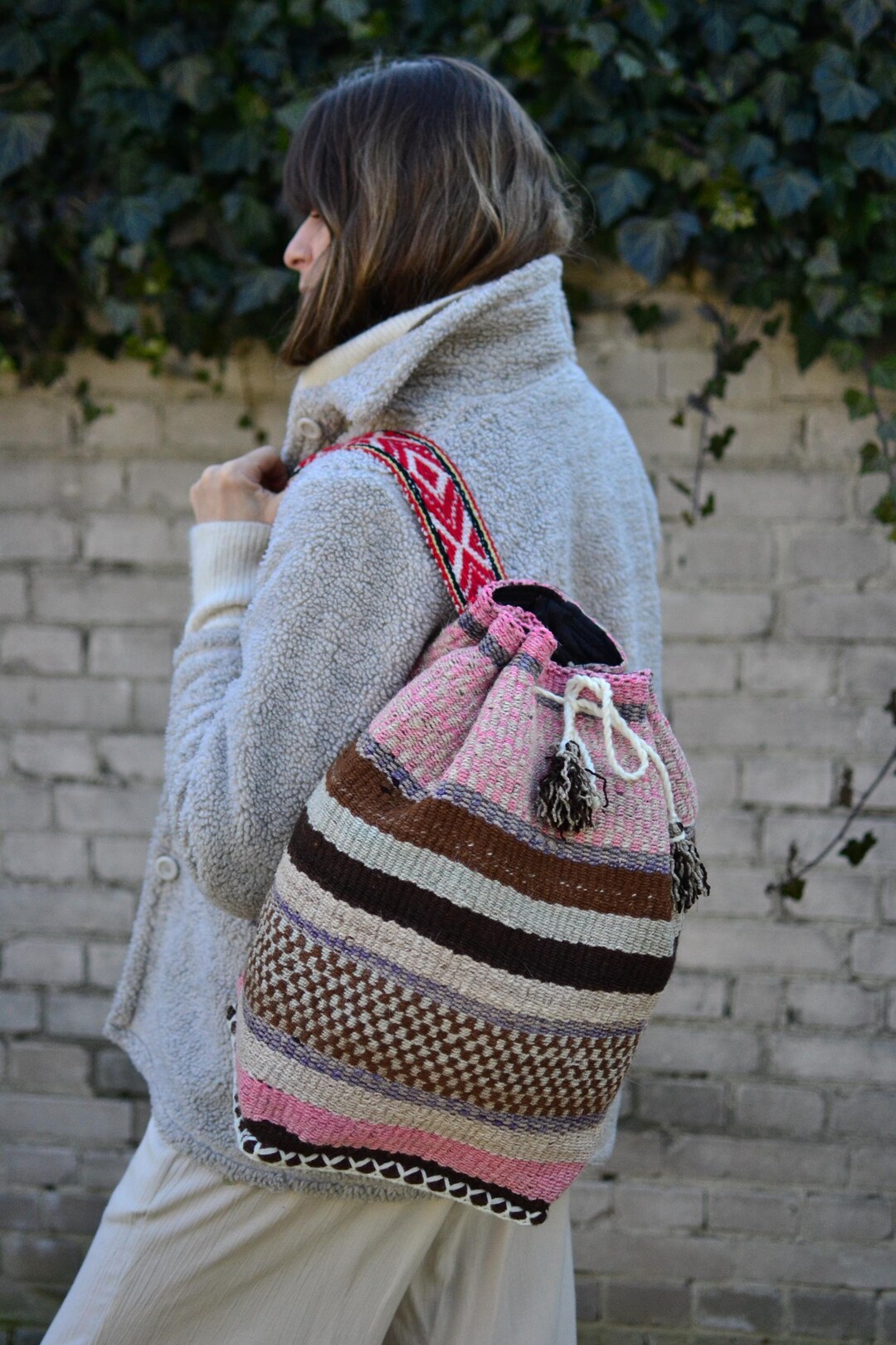Large Backpack, Sack Bag Made of Pink Alpaca Wool, Made in Peru, Unique ...