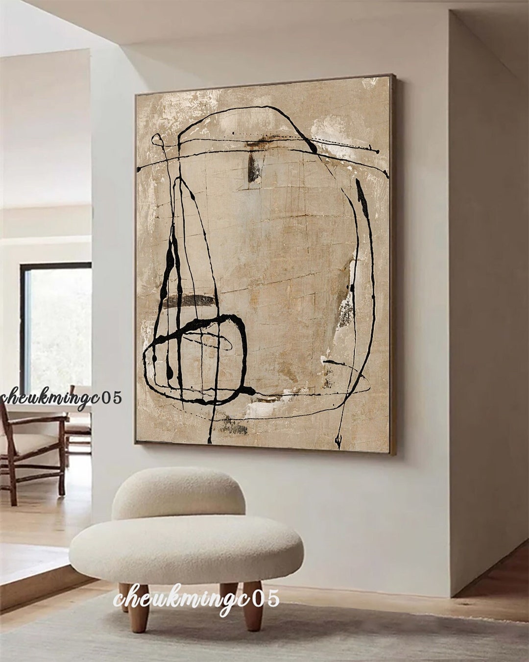 Beige Minimalist Wabi Sabi Painting on Canvas Large Plaster Wall Art Beige and Black Texture ...