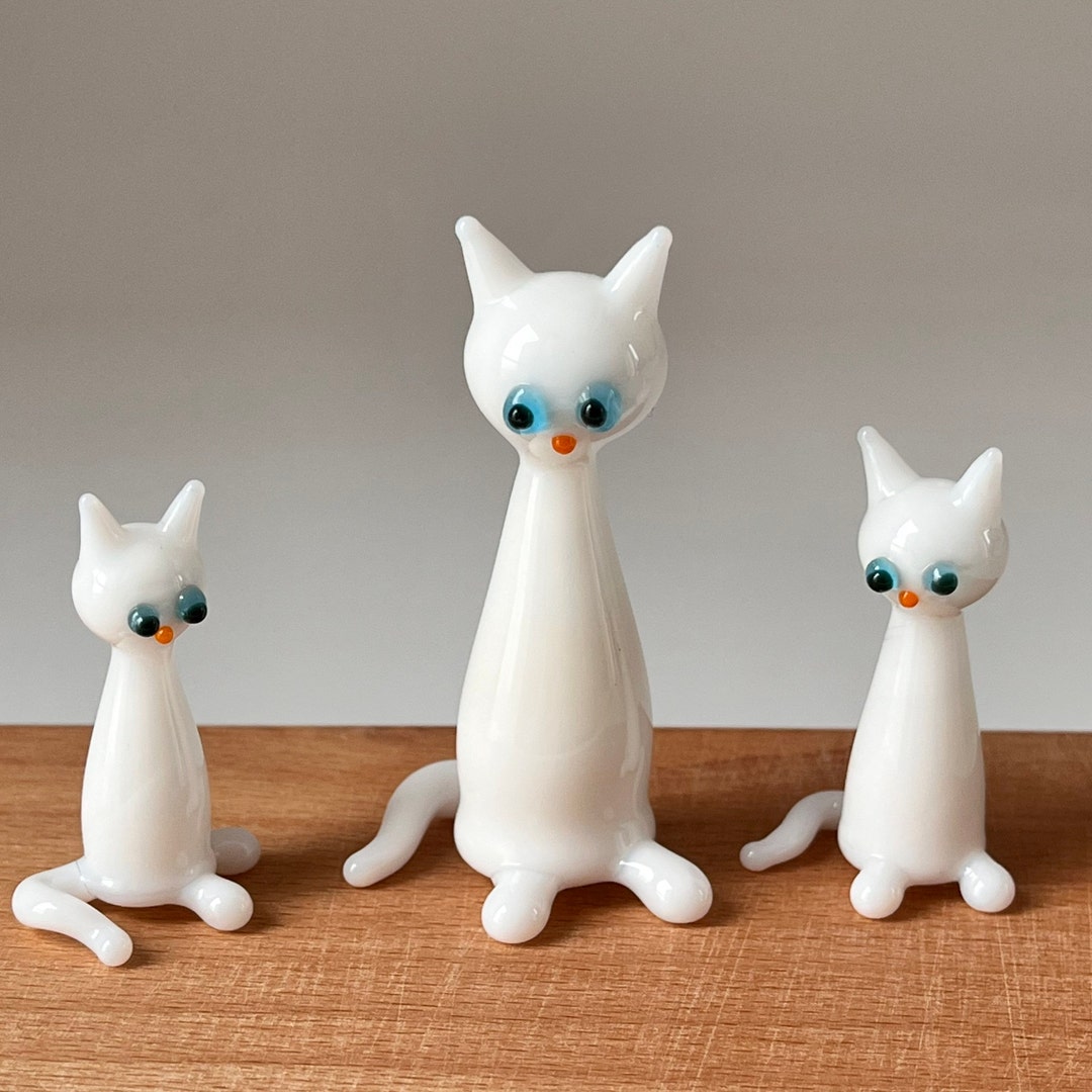 Glassblowing White Cat Figurine Set of 3 Knick-knack for Home Decor ...