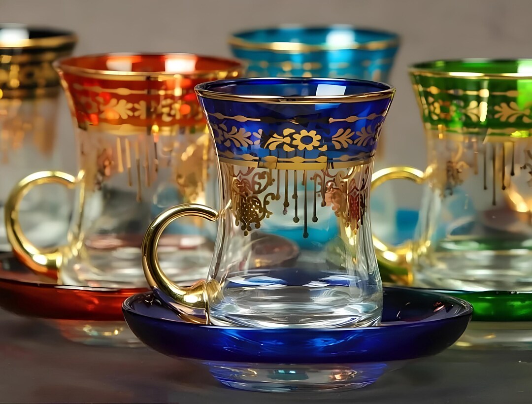 Handpainted Moroccan Tea Cup Set: Gold Trim, Turkish Coffee Cups, Set ...