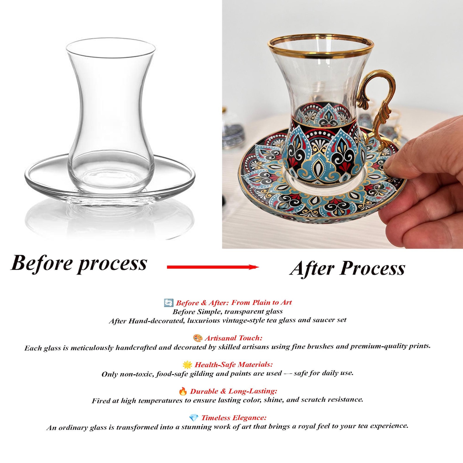 Handmade Turkish Tea Cups With Handle and Saucers for 6 Person ...