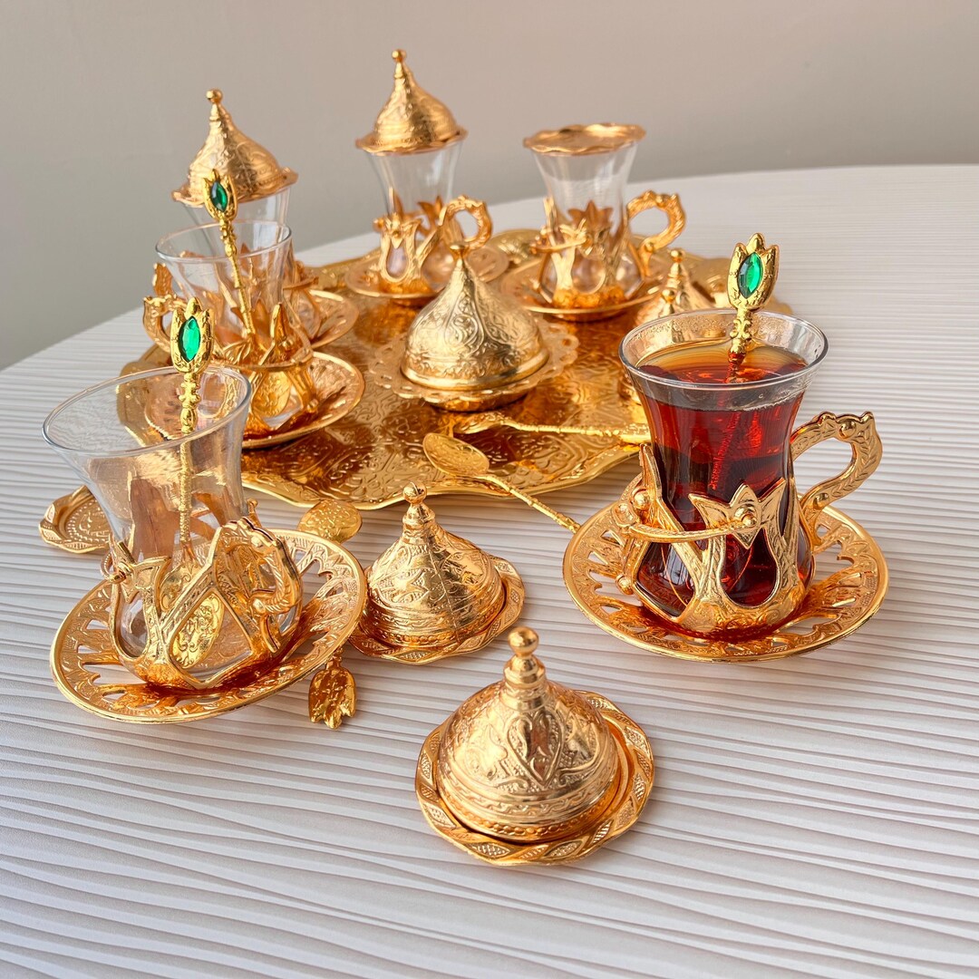 Handmade Gold Turkish Tea Cup Set (33pcs) - Traditional Ottoman Design ...