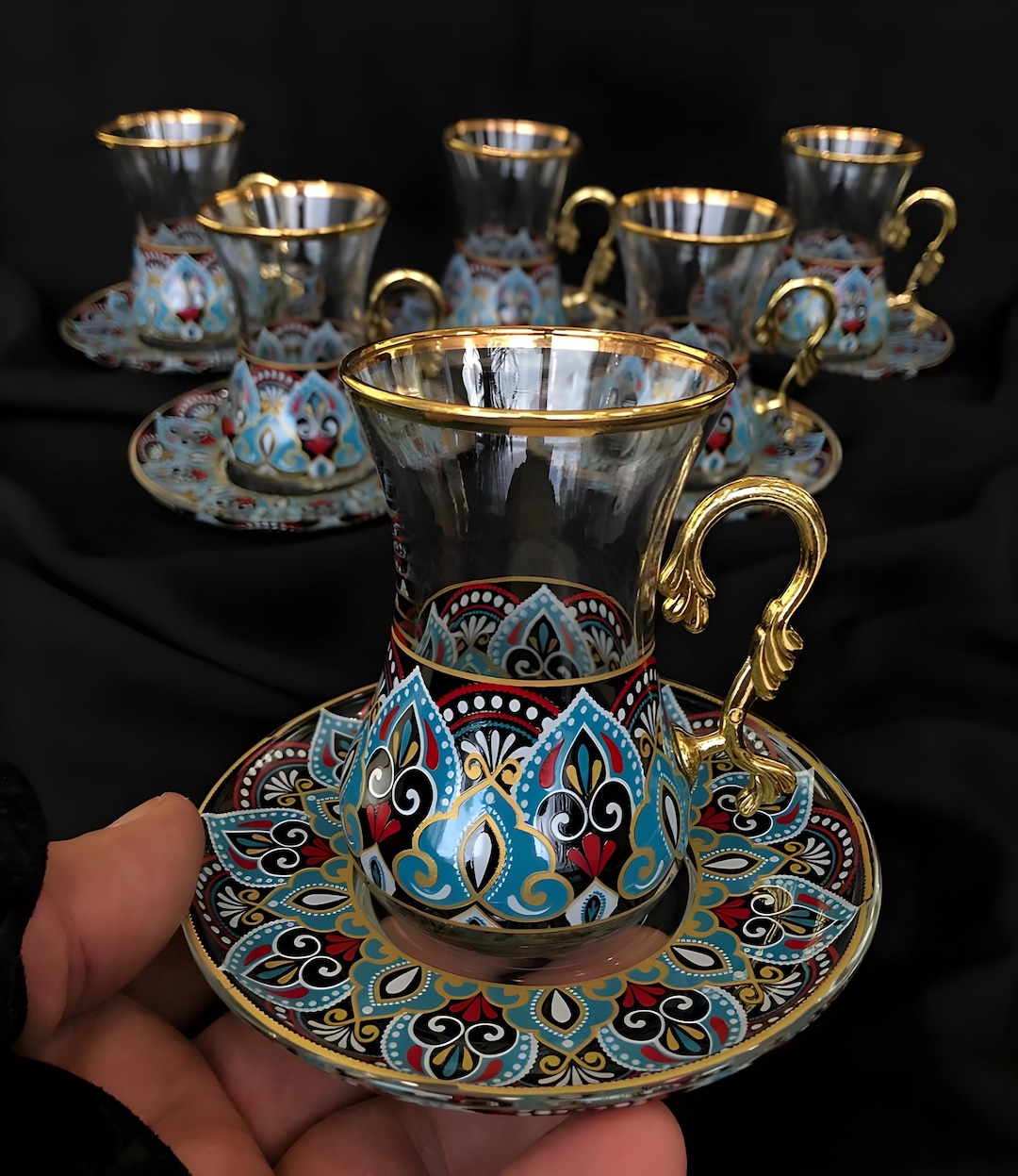 Handmade Turkish Tea Cups With Handle and Saucers for 6 Person ...