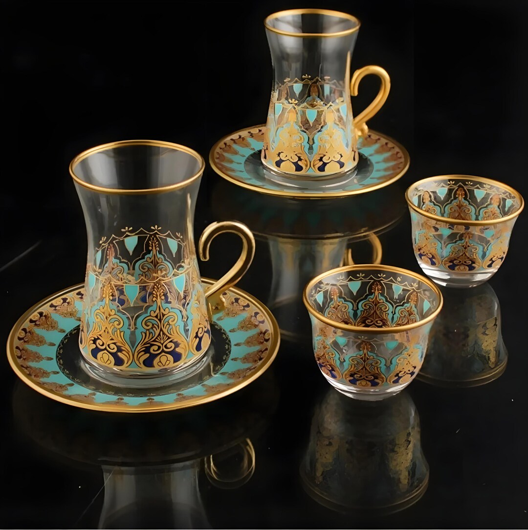 Handmade Tea Cup Set for 6 Person | Turkish Tea Glasses With Saucers ...