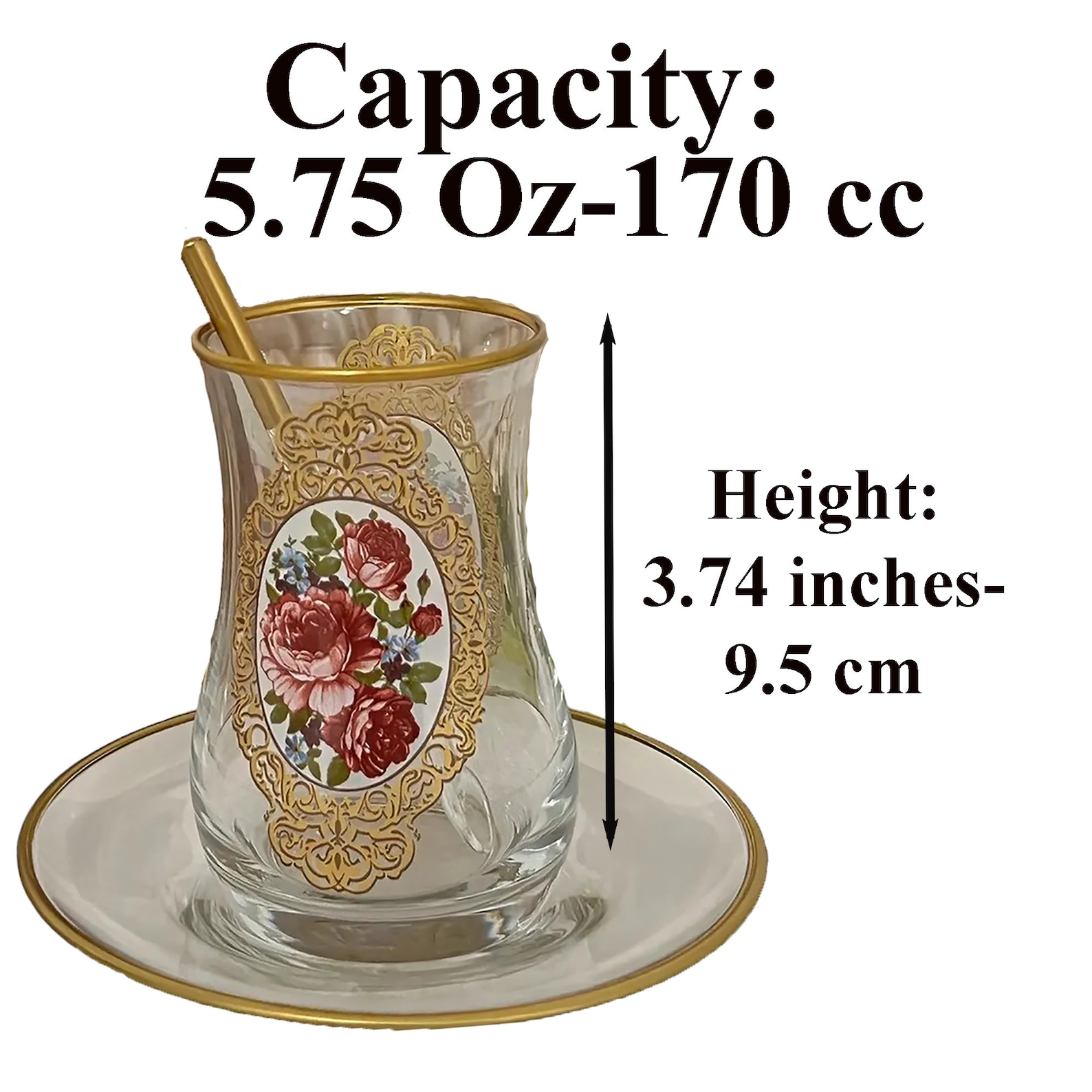Gold Rimmed Rose Patterned Turkish Tea Glass Cup Set of 6- Perfect ...