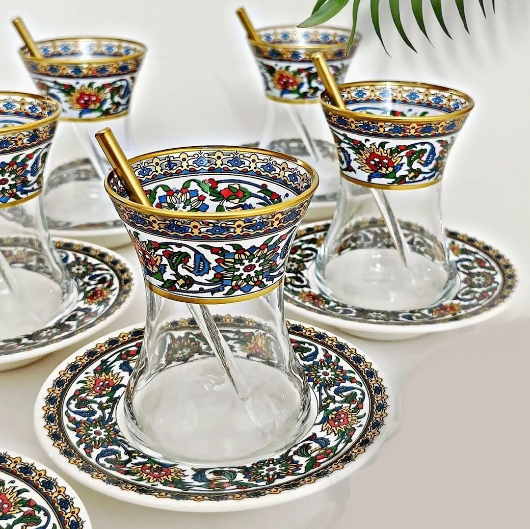 Vintage Turkish Retro Tea Glasses Cups Saucers Spoons Set of 6 for ...