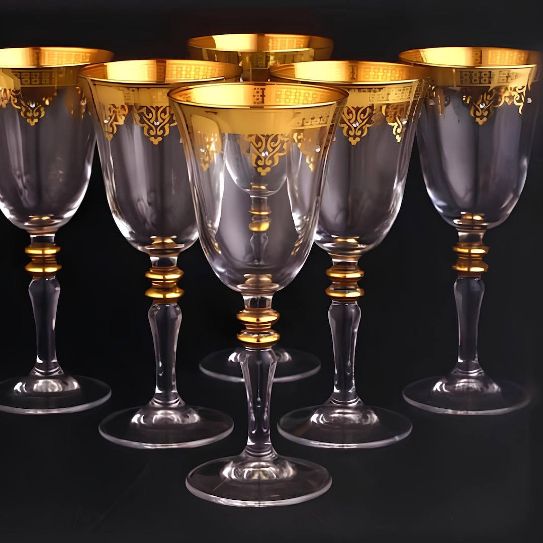 Luxury Crystal Wine Glass Set of 6, Fancy Wine Goblets, 24K Gold Rim ...