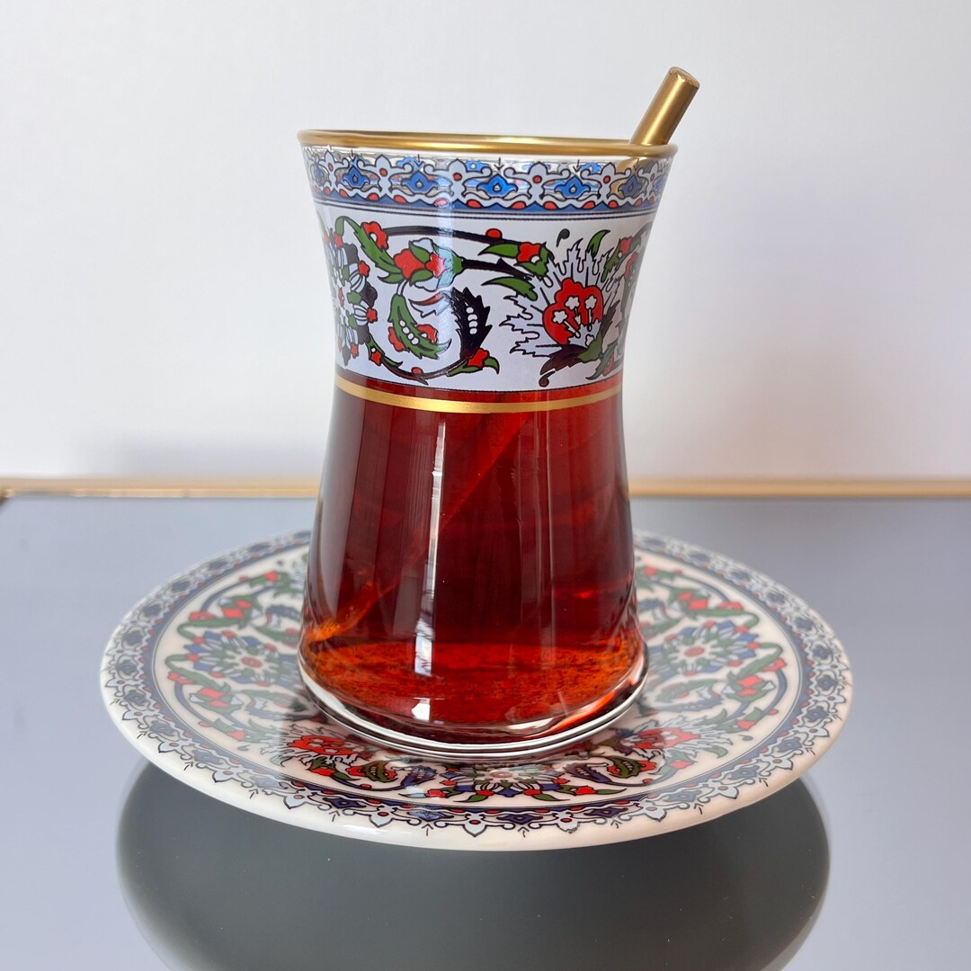 Handcrafted Turkish Tea Glasses With Saucers, Vintage Tea Glass Set of ...