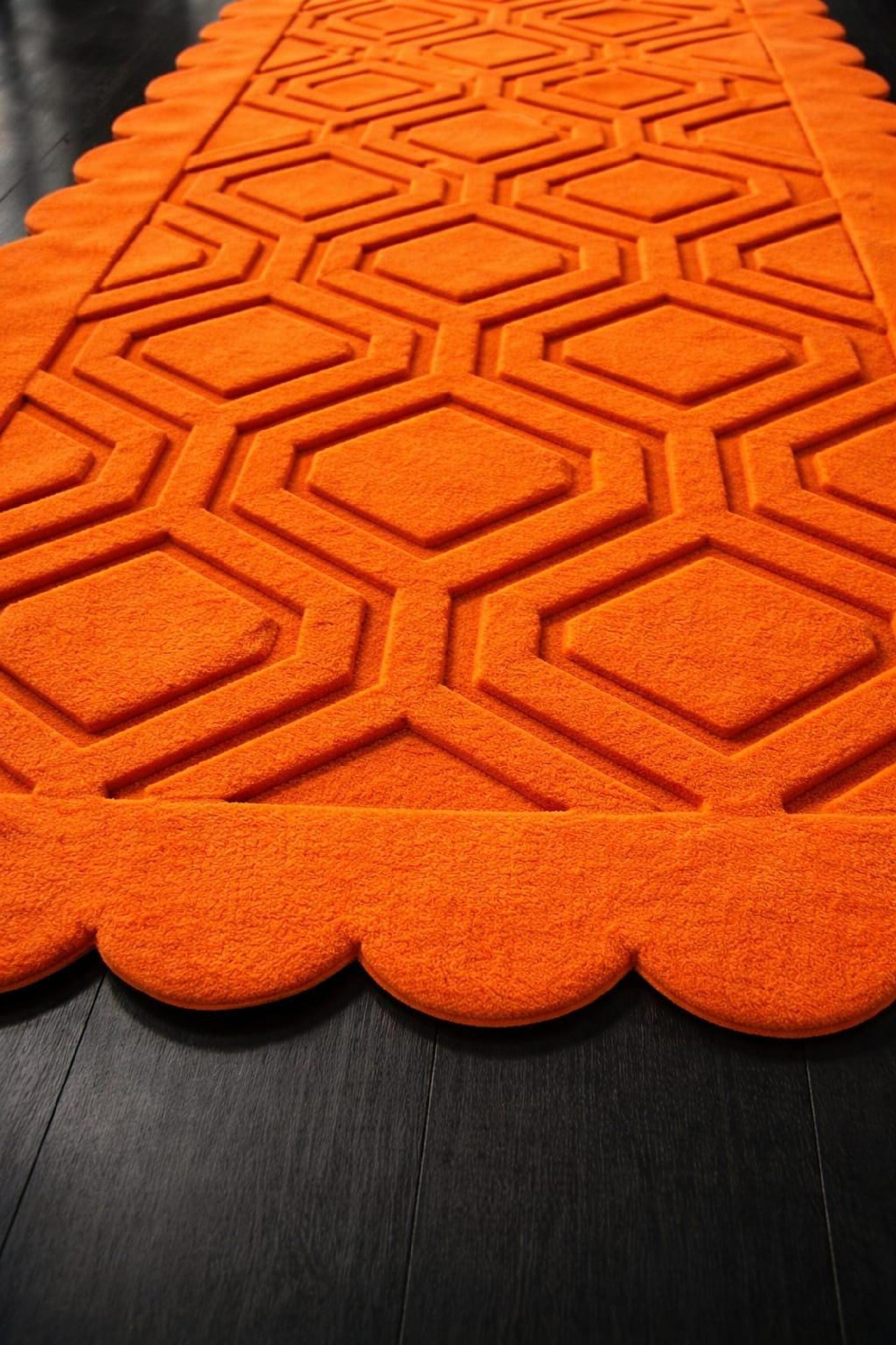 Modern Orange Runner Rug • Geometric Hallway Rug • Long Scalloped Area ...