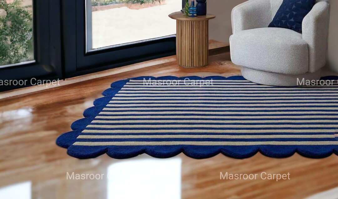 Scallop Stripe Modern Nautical Blue and White Wool Rug in Hand Tufted ...