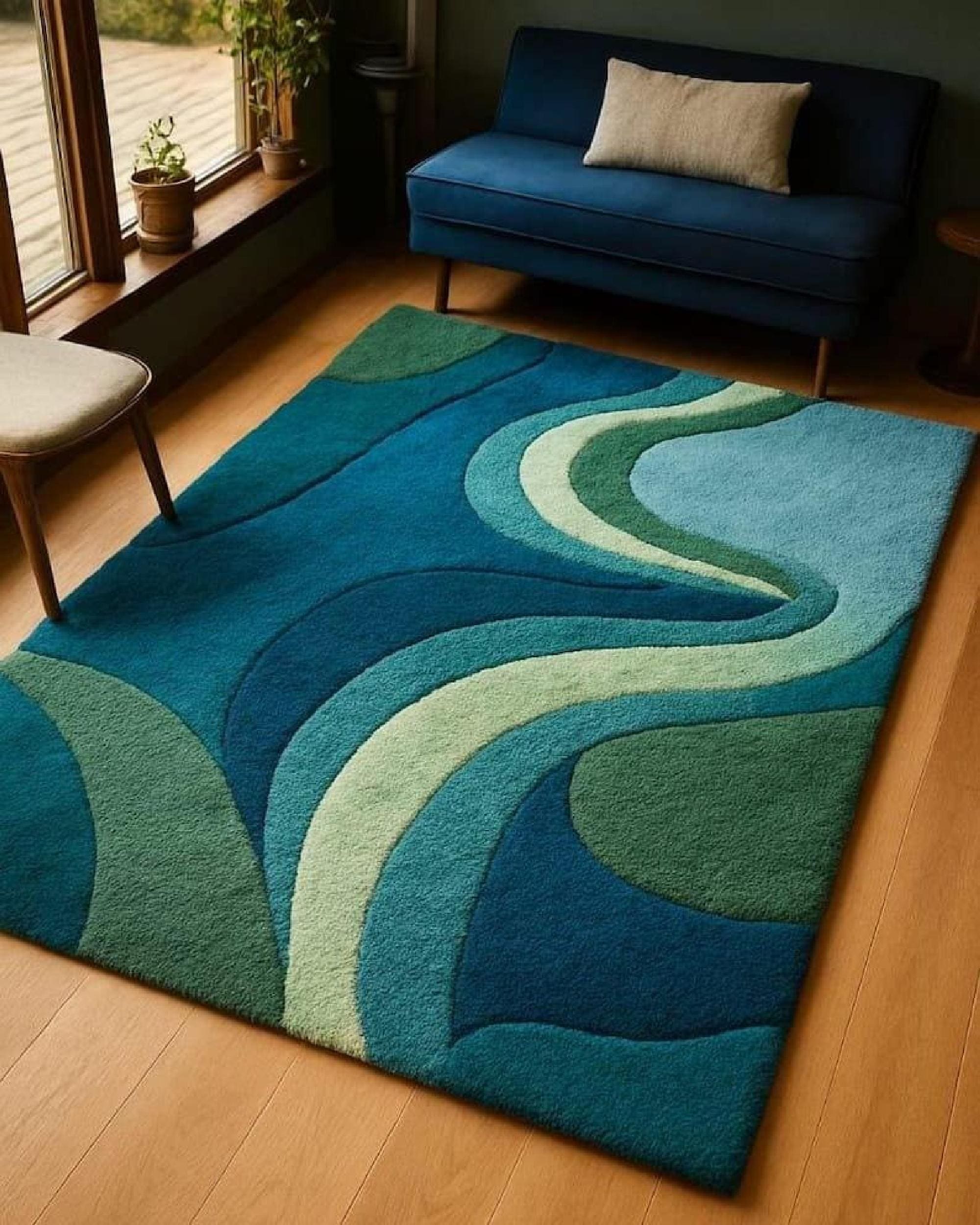 Modern Area Rug, Teal Blue Green Wave Handmade Tufted Rug, Wool Area ...