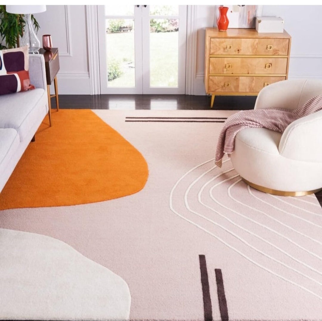 Contemporary Beige and Orange Living Room Rug Dining Table Stain ...