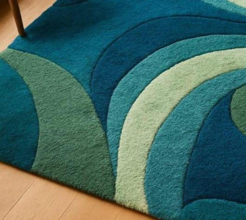 Modern Area Rug, Teal Blue Green Wave Handmade Tufted Rug, Wool Area ...