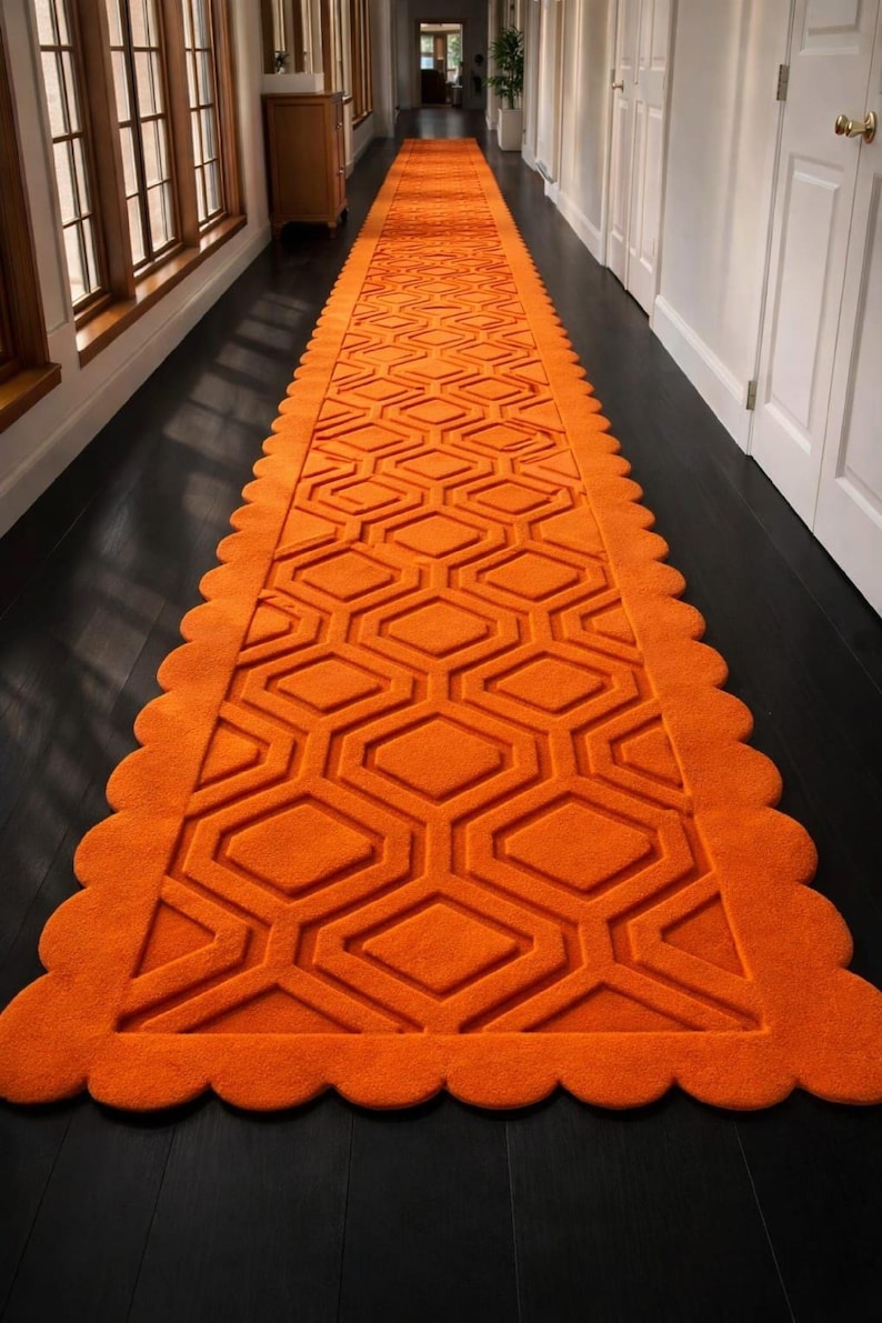 Modern Orange Runner Rug • Geometric Hallway Rug • Long Scalloped Area ...