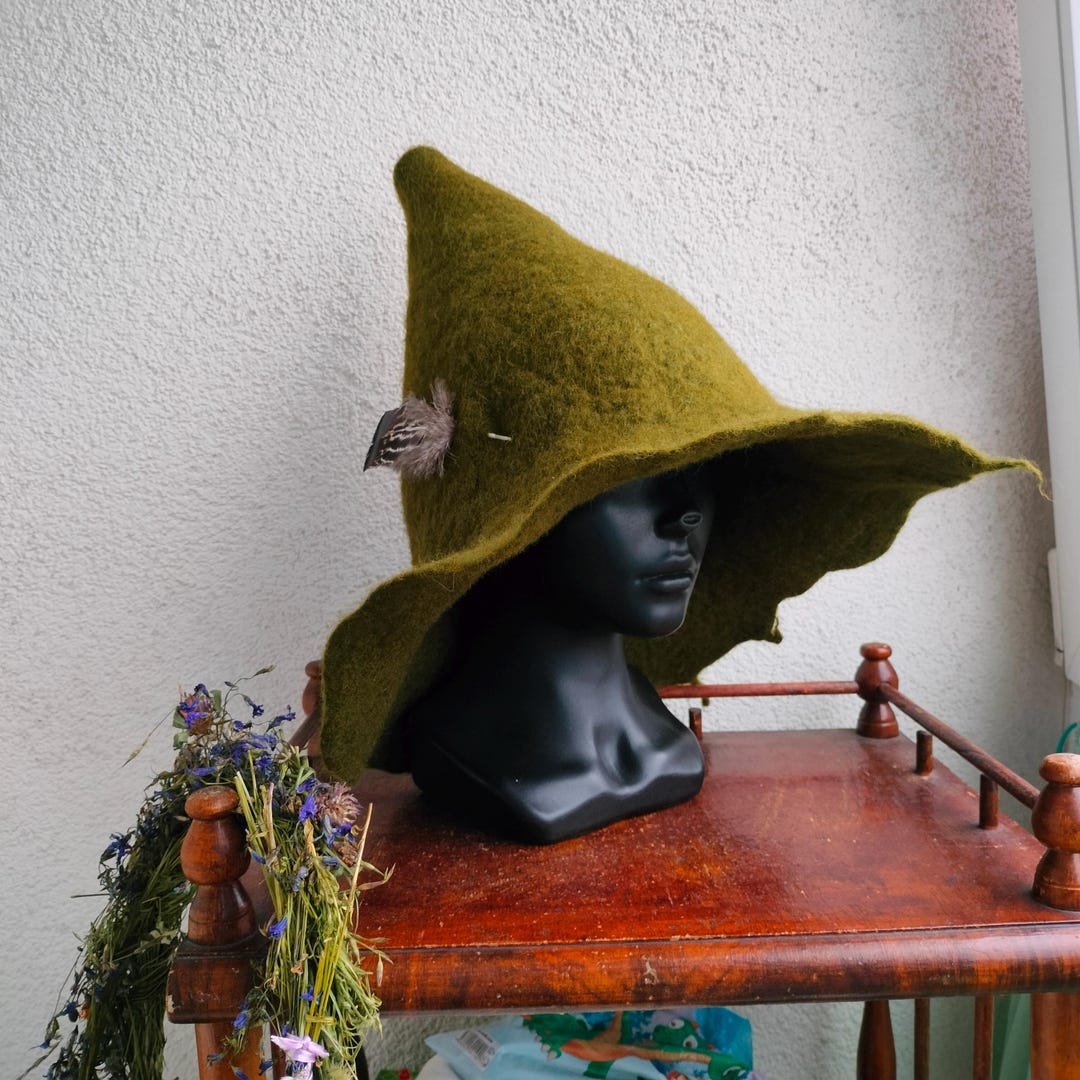 Green Pointed Wool Felted Wide Brim Snufkin Hat, Fedora Hat With ...