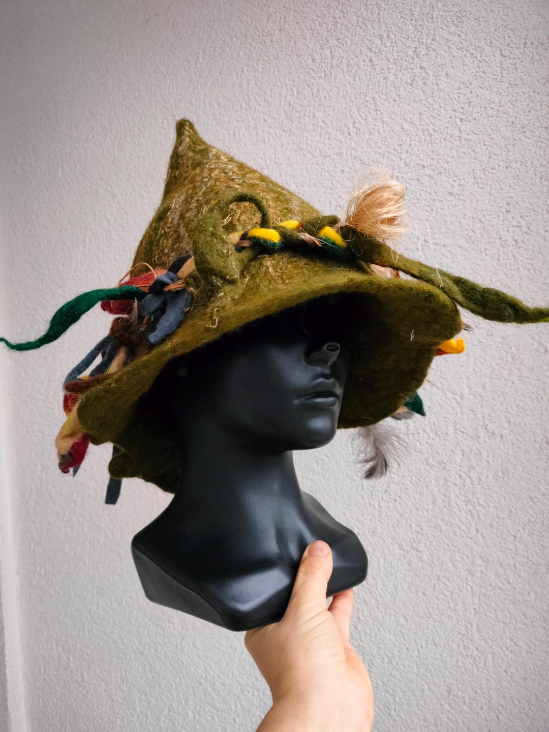 Green, Fun Fairy Felt Wool Pointed Wizard Hat With Wide Brim, Feathers ...