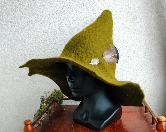 Green Pointed Wool Felted Wide Brim Snufkin Hat, Fedora Hat With ...